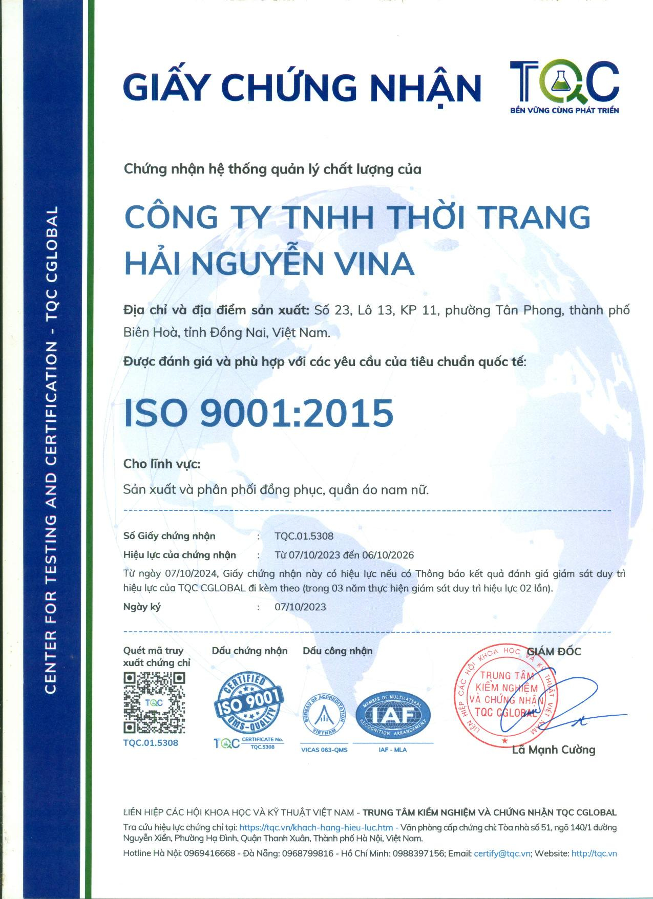 Công ty TNHH Thời Trang Hải Nguyễn Vina đạt chứng nhận ISO